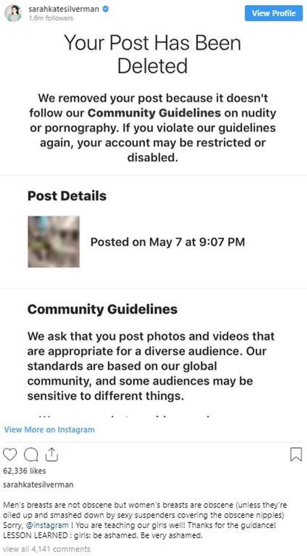 Sarah Silverman Speaks Out Against Instagrams Sexist Nudity Policy Indy100 Indy100