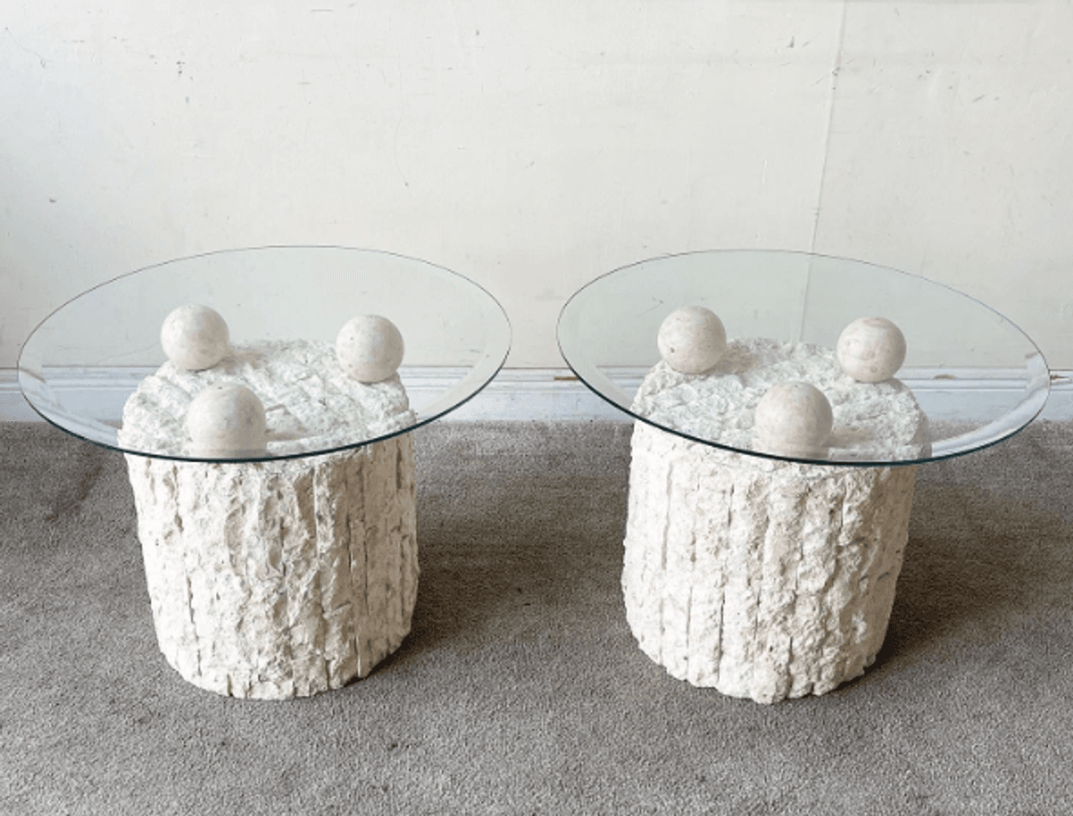 Postmodern Tessellated Stone Circular Glass Top Side Tables - a Pair ...